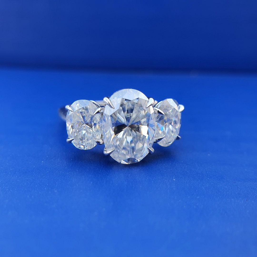 Three Stone Moissanite Engagement Ring Solid White Gold Ring Etsy