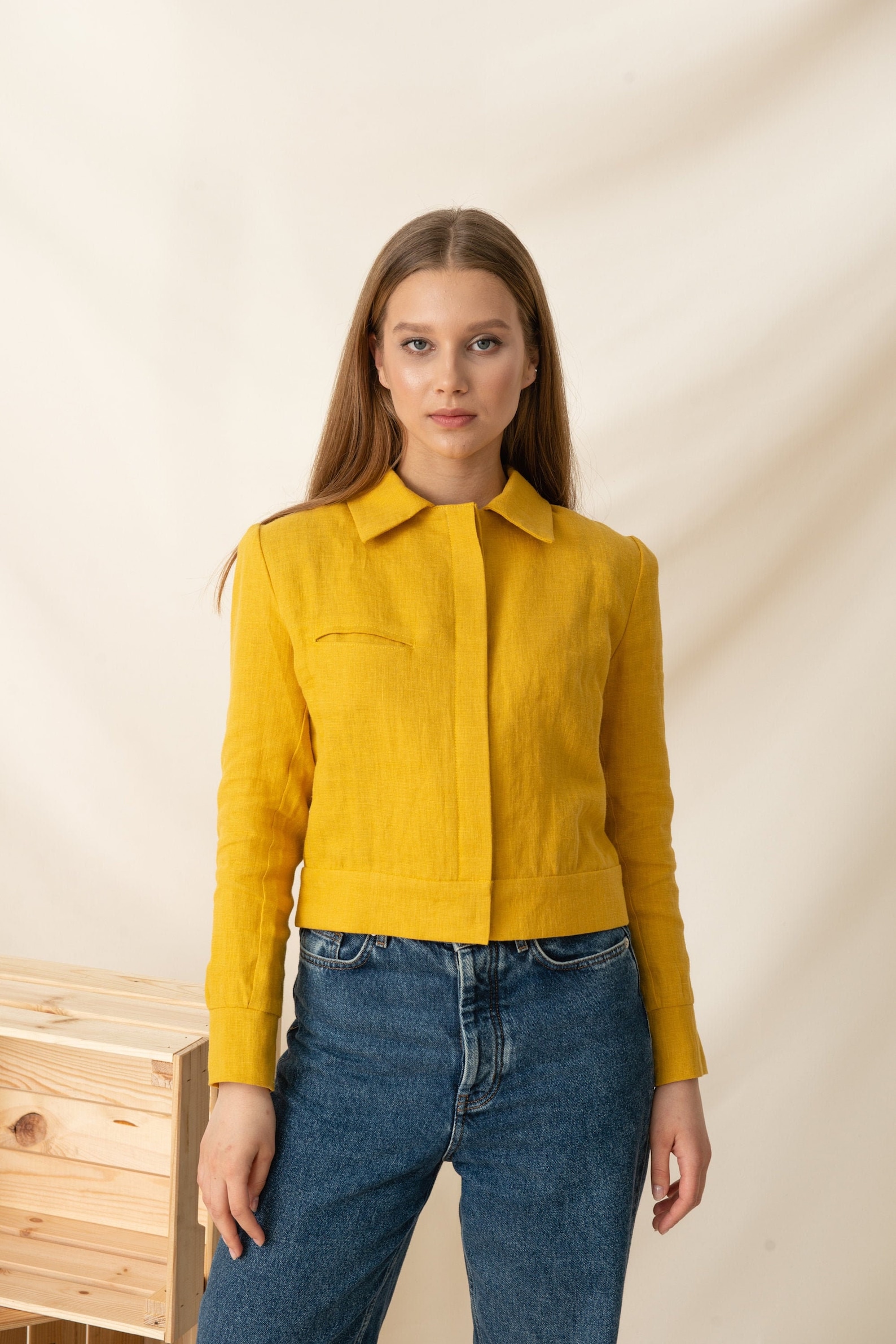 Cropped Natural Linen Blazer for Women - Long Sleeve Collared Jacket - Etsy