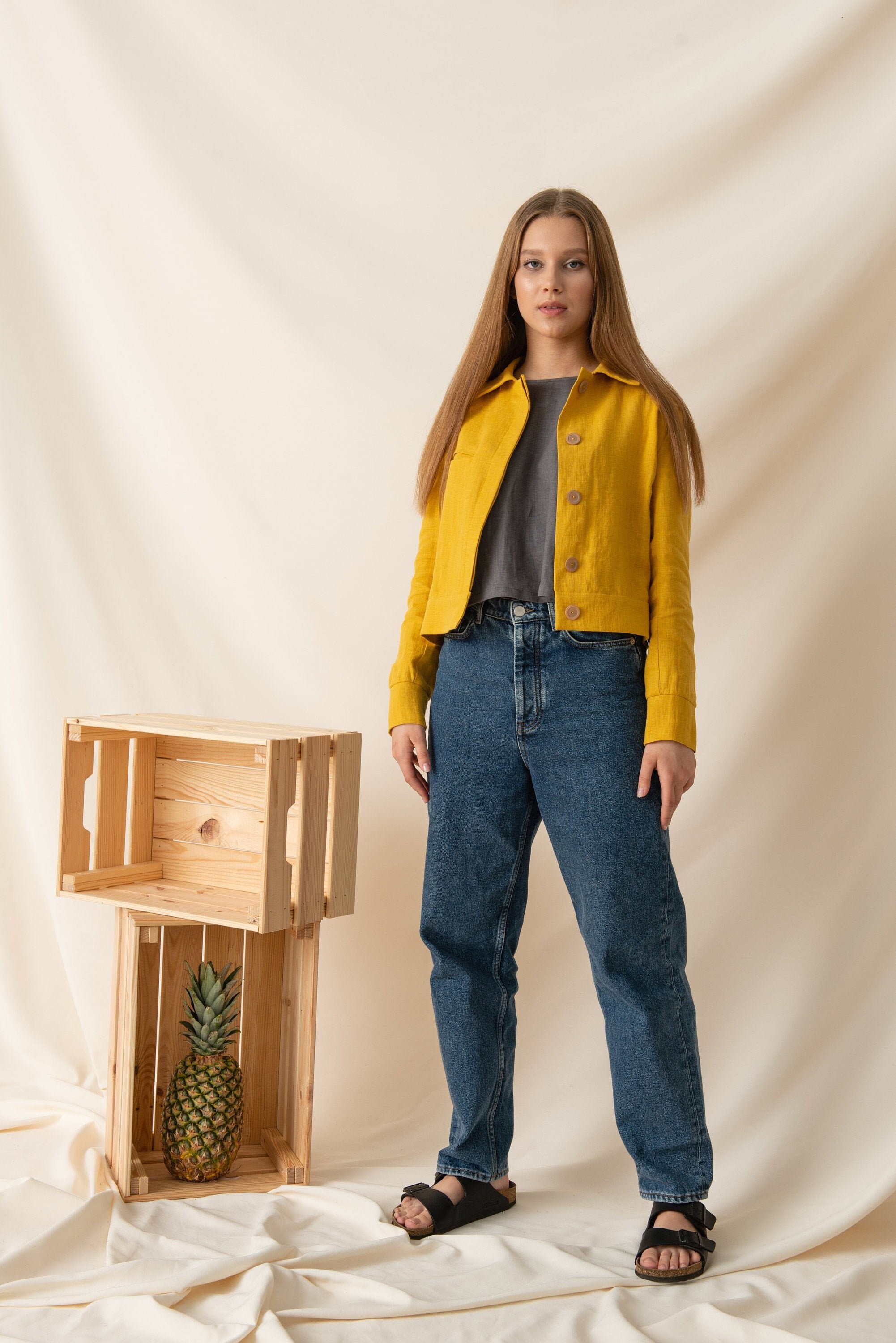Cropped Natural Linen Blazer for Women - Long Sleeve Collared Jacket - Etsy