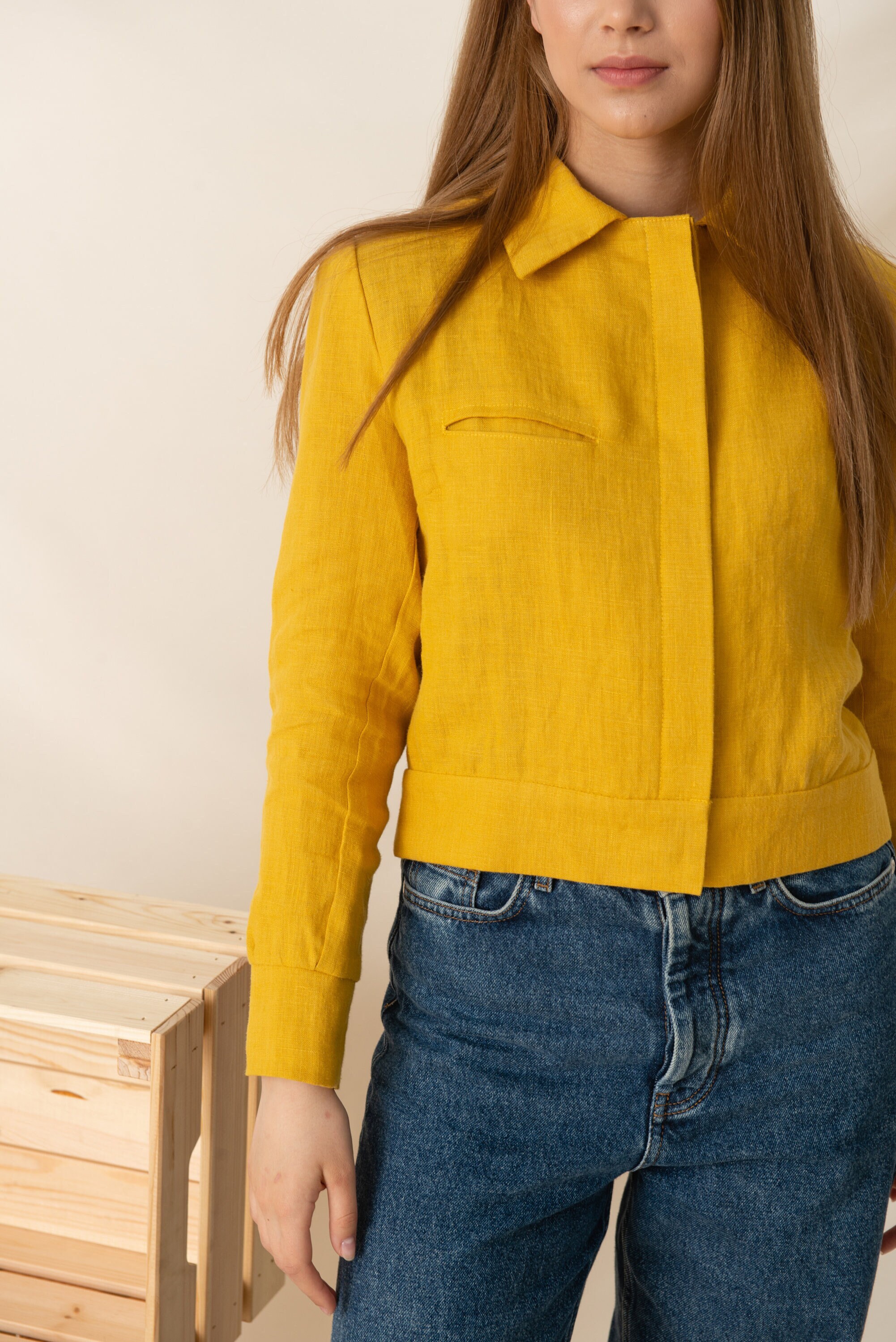Cropped Natural Linen Blazer for Women - Long Sleeve Collared Jacket - Etsy