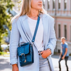 Blue Leather Cell Phone Bag, Phone Bag, Mini Bag, Cell Phone Purse ...