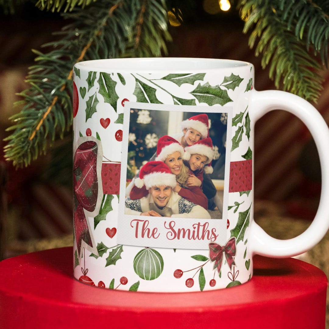 Christmas Photo Mug Sublimation PNG Design, Custom Family Name (digital ...