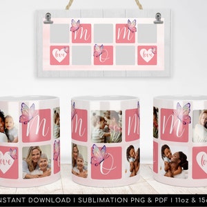 Love Mom Mug PNG Template - Custom Photo Grid Mug, Butterfly Mother's ...