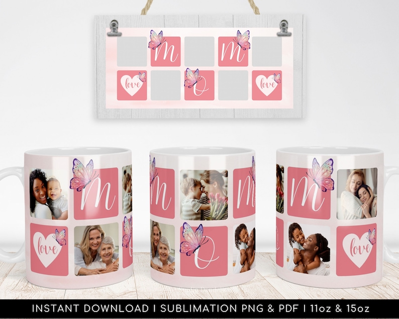 Love Mom Mug PNG Template Custom Photo Grid Mug Butterfly - Etsy
