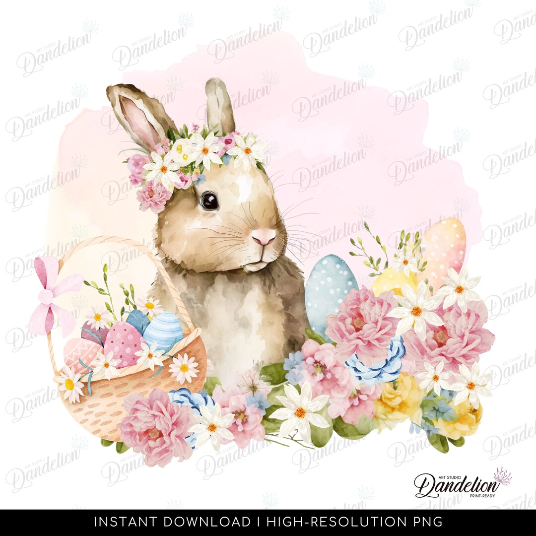 Cute Floral Bunny PNG, High-resolution File for Sublimation. Watercolor ...