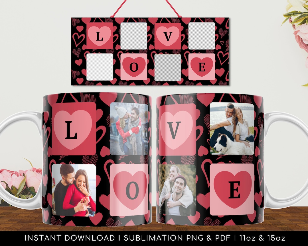 LOVE Heart Photo Grid Mug Design. Mug Wrap for Sublimation. Love ...