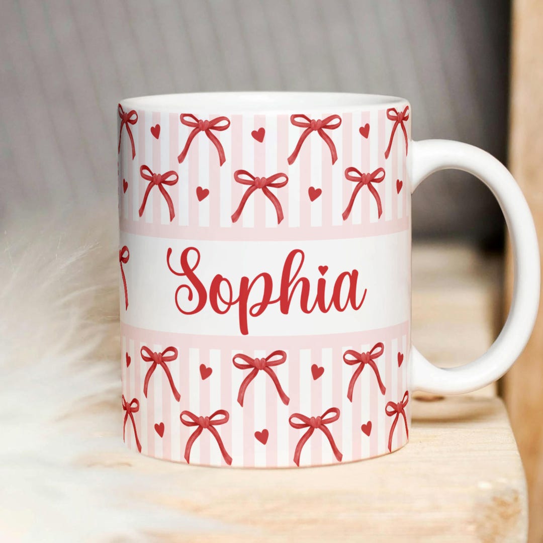 Custom Name Love Mug Wrap, Valentine's Day Bow Pattern (PNG Digital ...