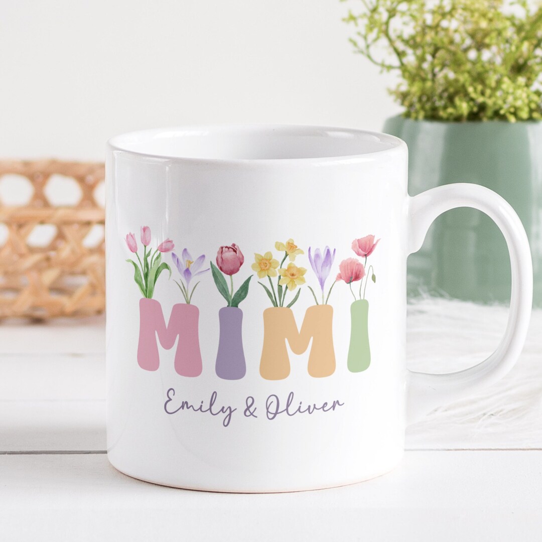 Mimi Mug Sublimation PNG, Floral Add Your Text Mug, Custom Grandkids ...