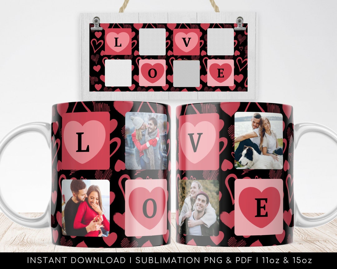 LOVE Heart Photo Grid Mug Design. Mug Wrap for Sublimation. Love ...
