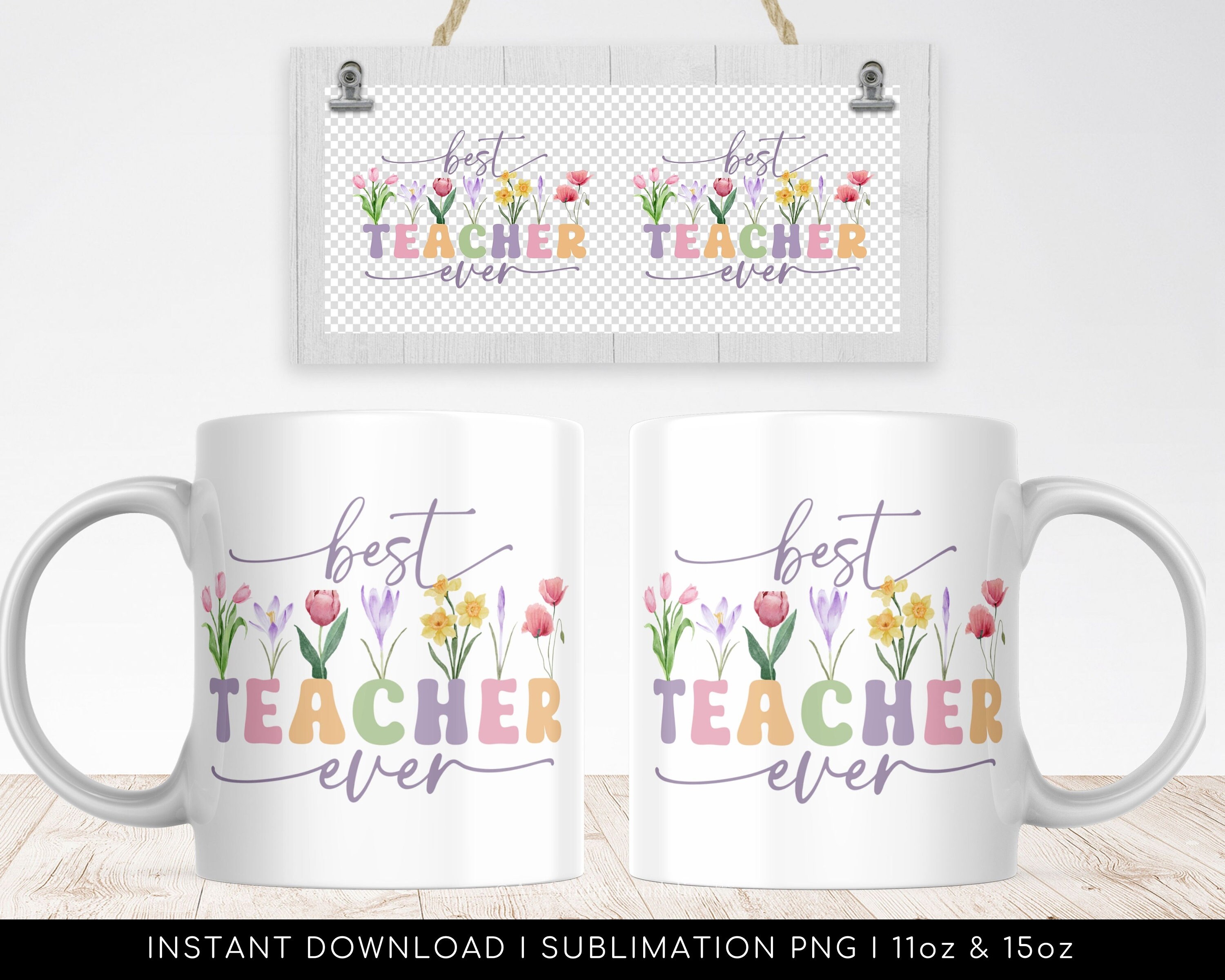 Best Teacher Mug Sublimation PNG File. Vintage Floral Mug PNG - Etsy ...