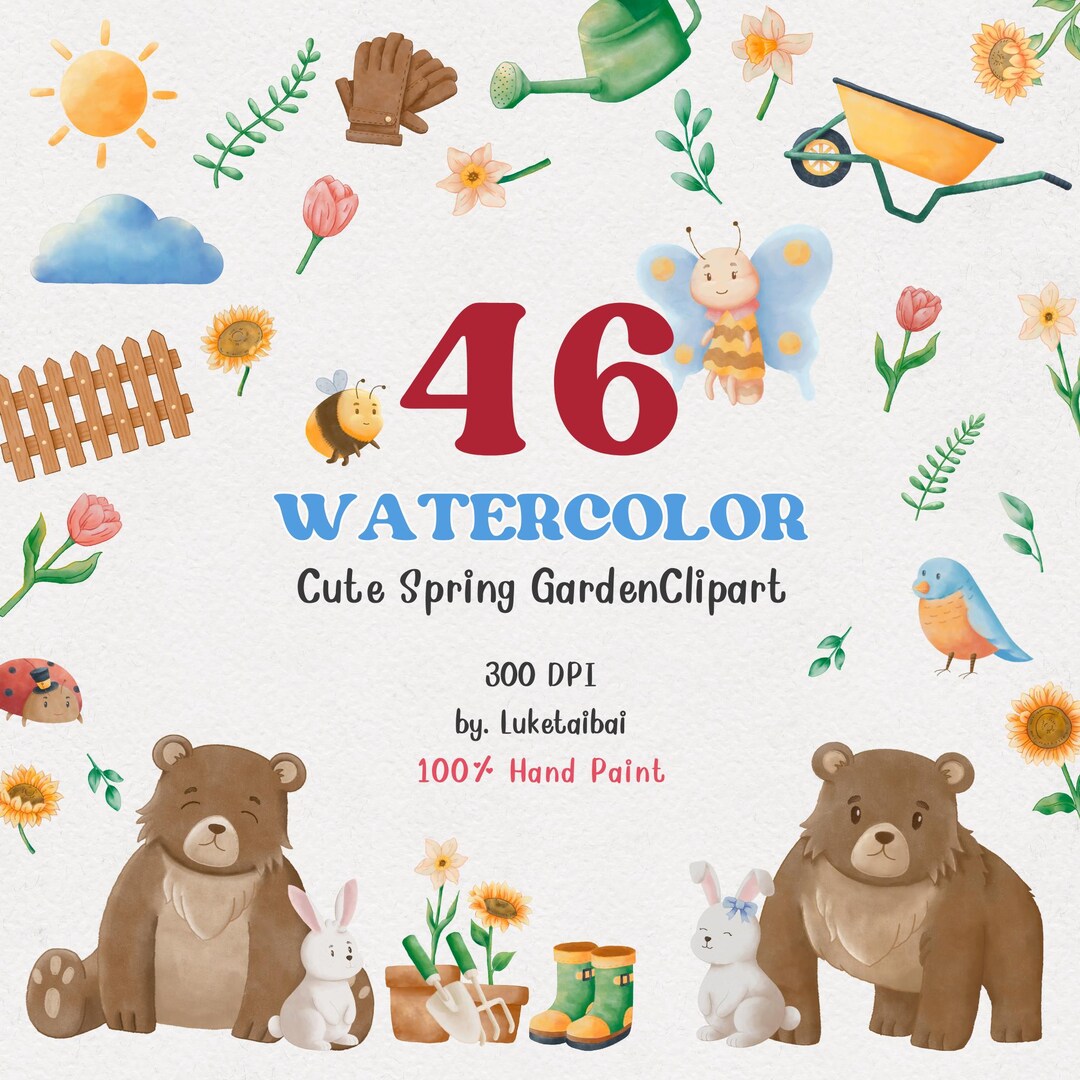 Whimsical Spring Watercolor Clipart Set - Easter Bunny, Tulips ...
