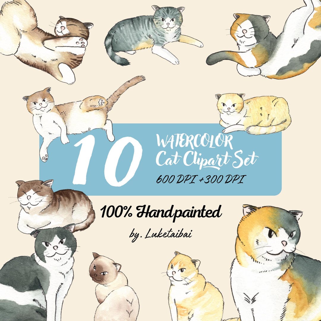 Watercolor Cat Clipart Set: Hand-painted Cat Pngs (digital Download) - Etsy