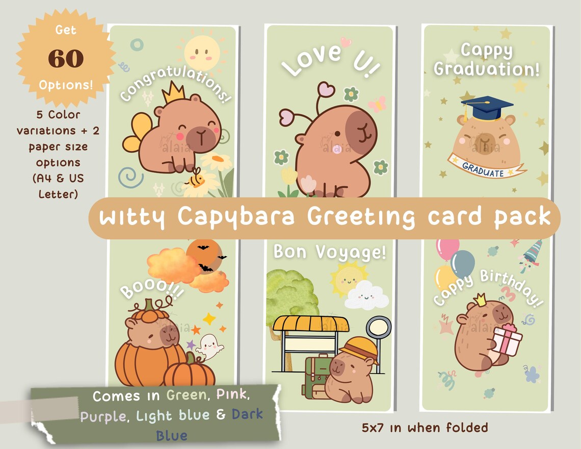 Witty Capybara Greeting Card Pack 5 Color Variations Pack of 6 Digital ...