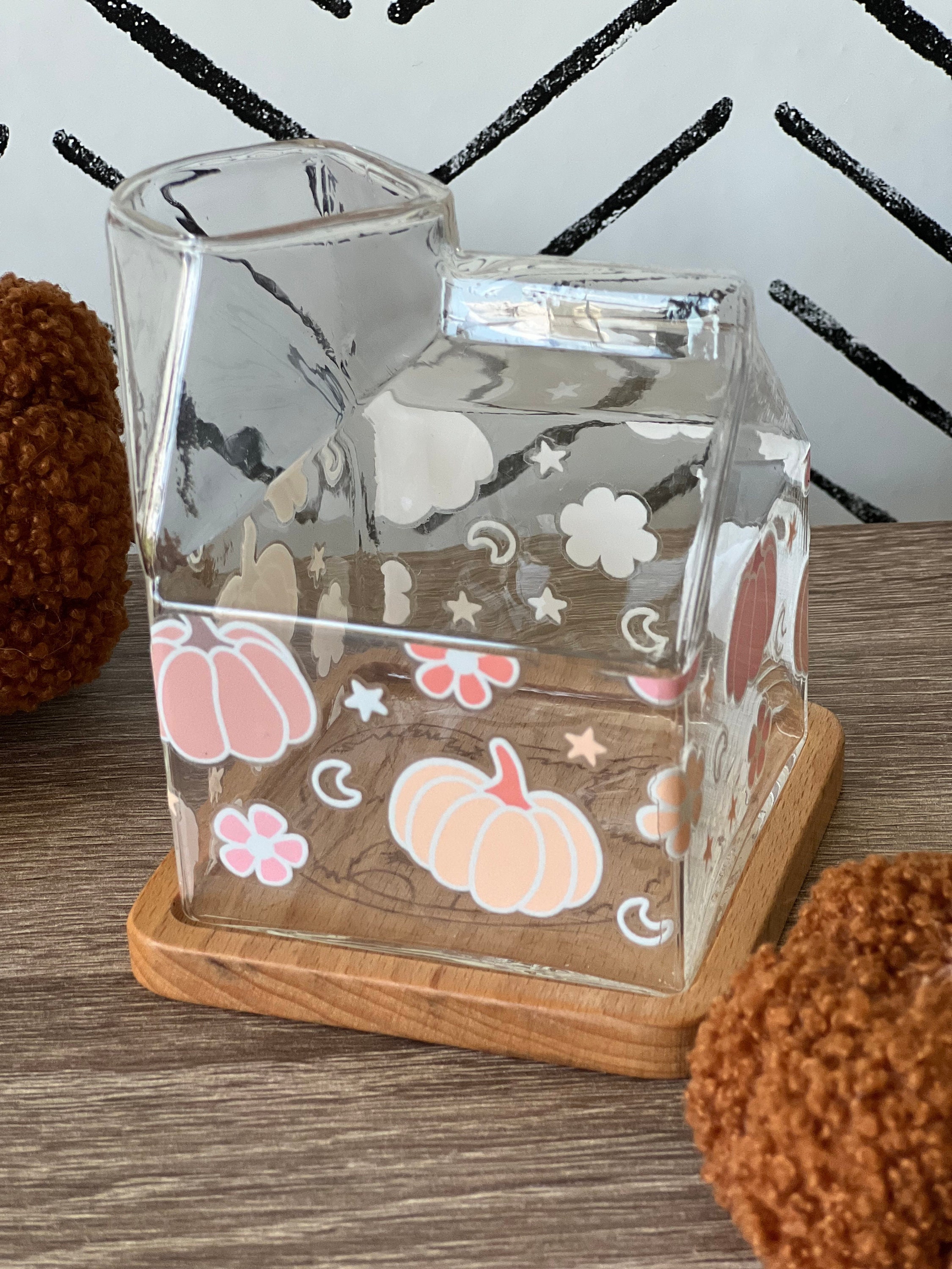 Pumpkin Glass Milk Carton Box With Wooden Coaster Milk Box - Etsy