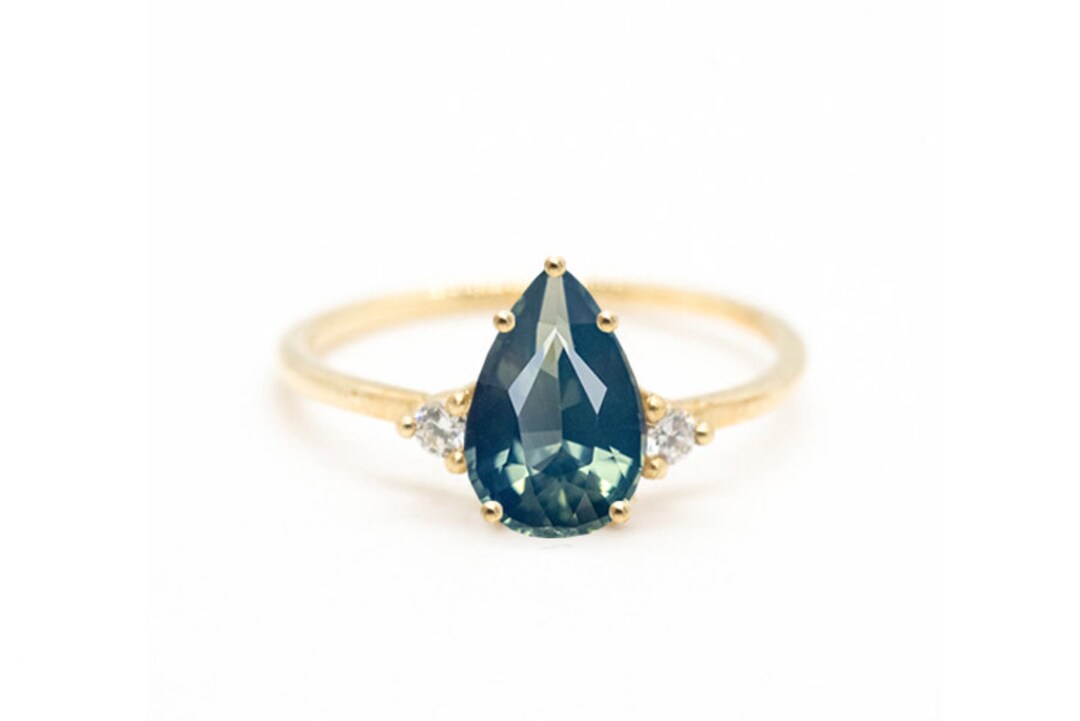 Pear Cut Teal Sapphire Gaia Triad Engagement Ring // Dainty Engagement ...