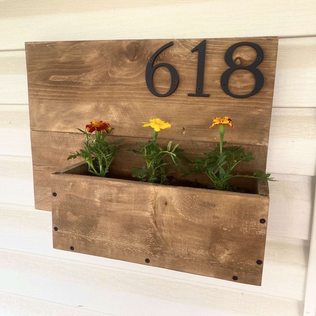Cedar House Number Sign With Planter Box, Rustic Address Plaque - Etsy