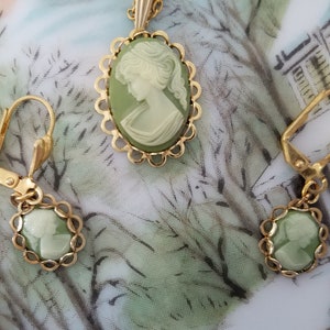 Handcrafted Victorian Style GREEN CAMEO SET Necklace Earrings Made With ...