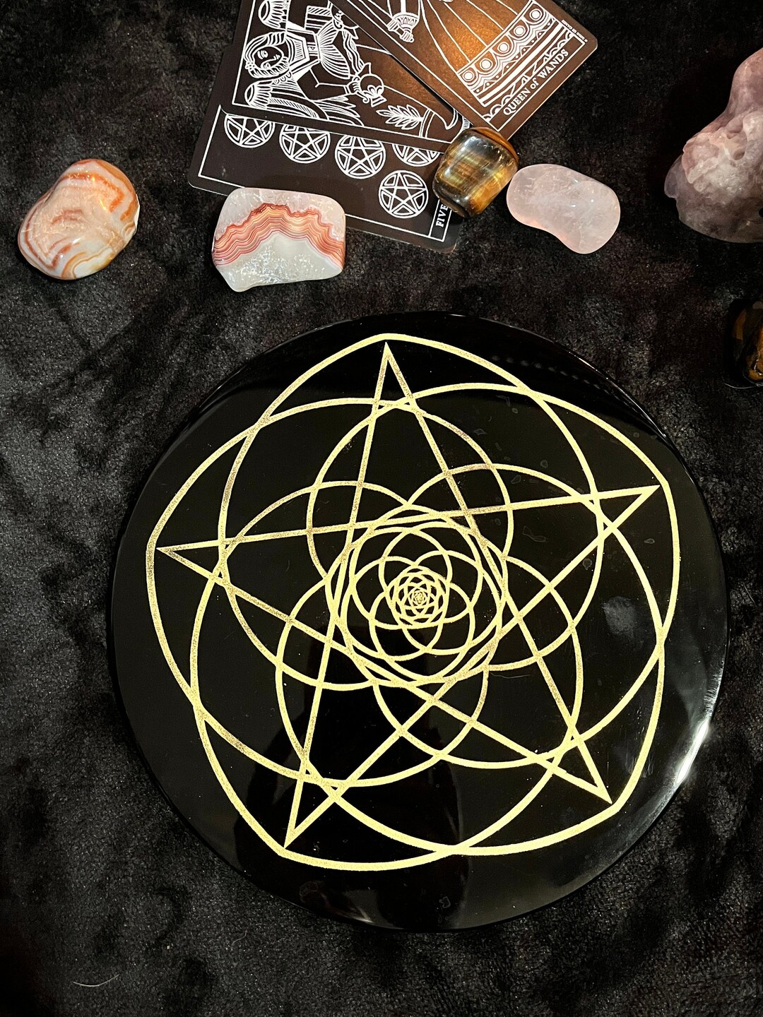 Large Black Obsidian Mirror Wth Rose and Pentagram (venus Path) | Altar ...