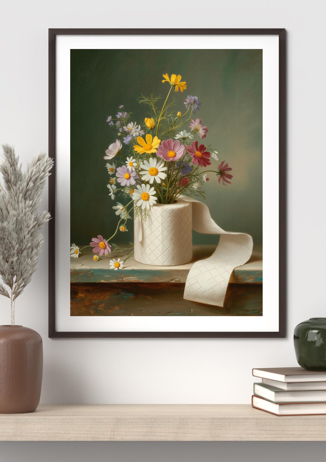 Toilet Paper Vase Floral Art, Moody Botanical Bathroom Print, Light ...