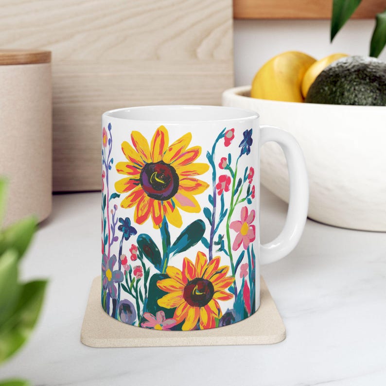 Wildflowers Ceramic Mug, Sunflowers Botanical Coffee Cup, Floral Tea ...