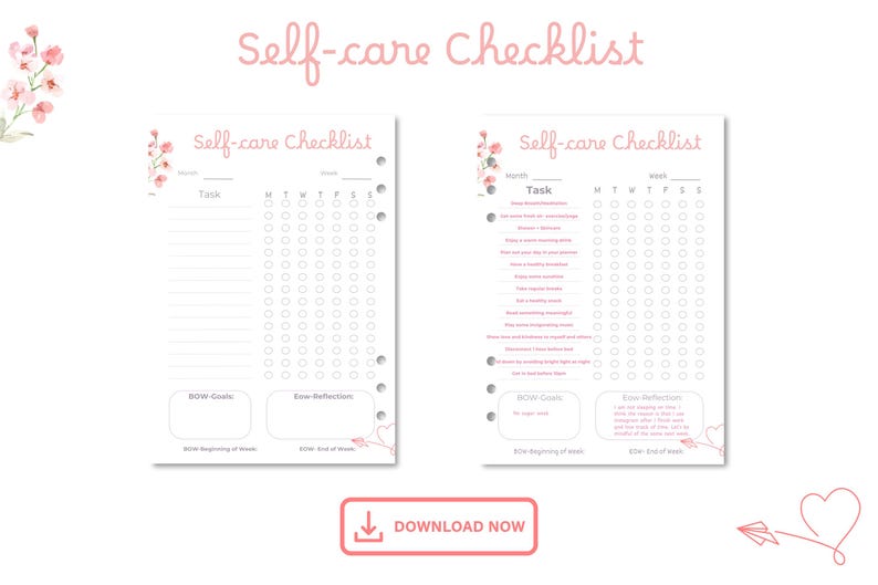 Printable 2-page Self-care Checklist | Daily Wellness Planner Habit ...