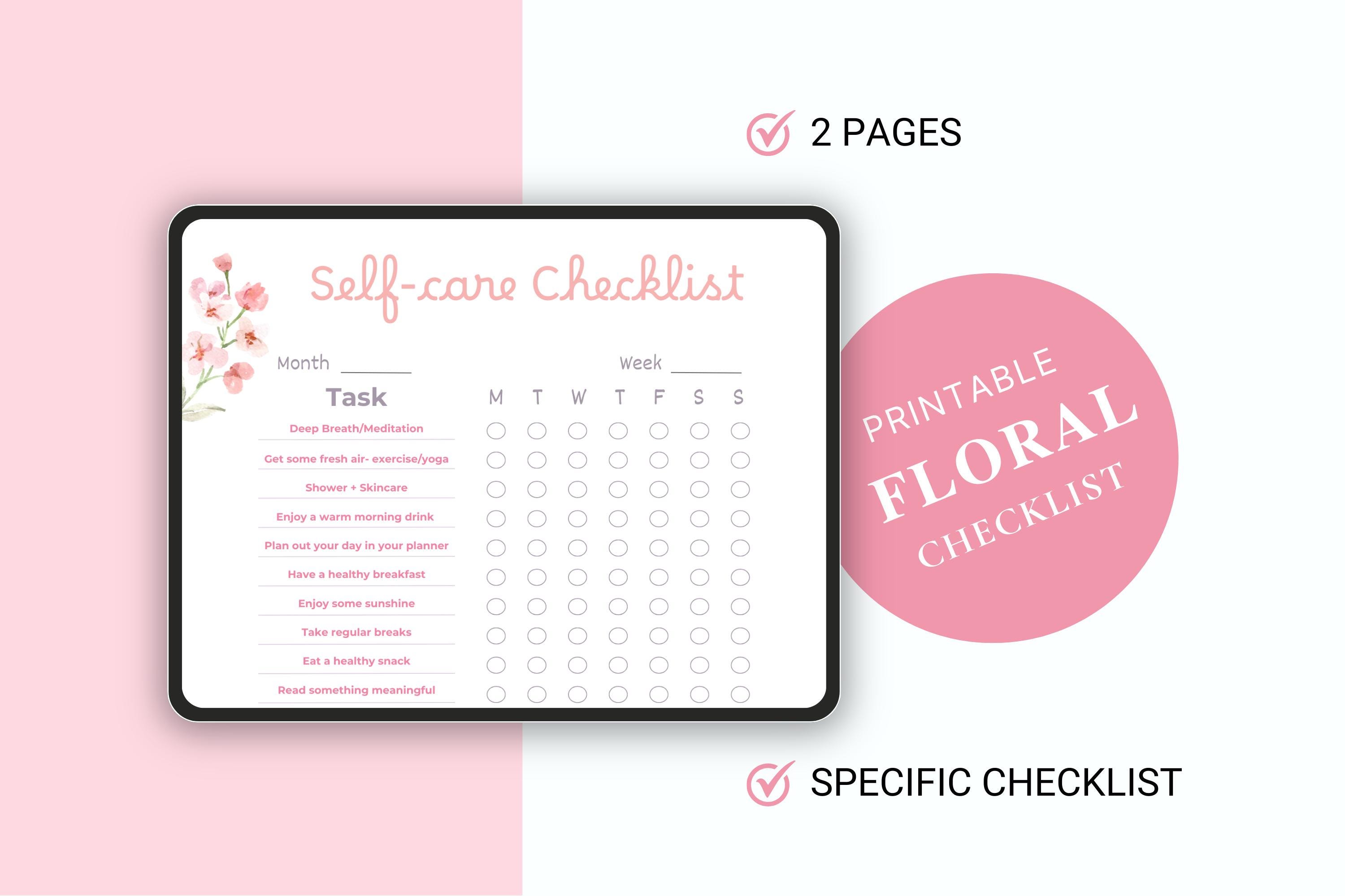 Printable 2-page Self-care Checklist | Daily Wellness Planner Habit ...