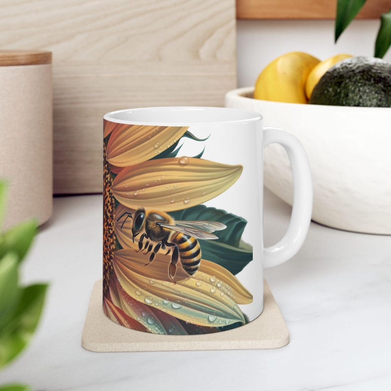 Bee Sunflower Mug, Honeybee Coffee Cup, Gardening Tea Mug, Floral Drinkware, Nature Lover Gift ...