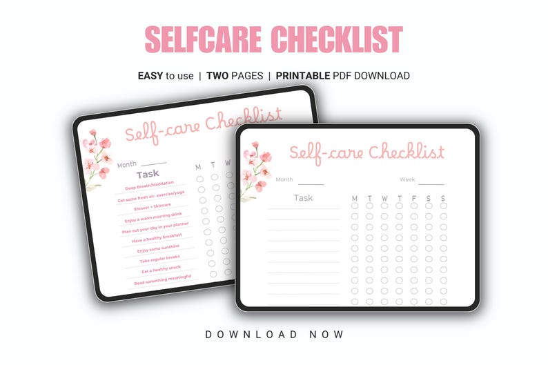 Printable 2-page Self-care Checklist | Daily Wellness Planner Habit ...