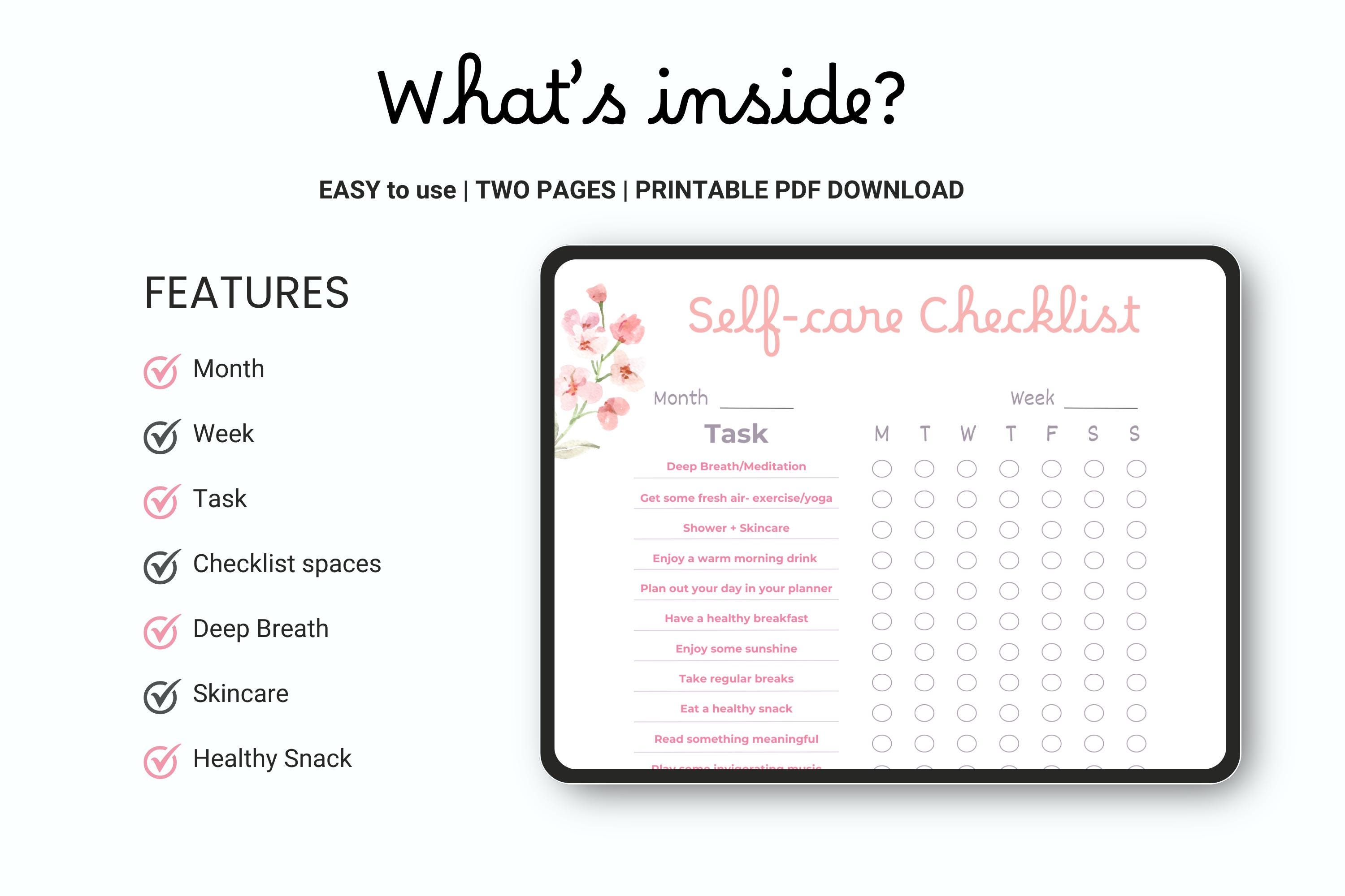 Printable 2-page Self-care Checklist | Daily Wellness Planner Habit ...