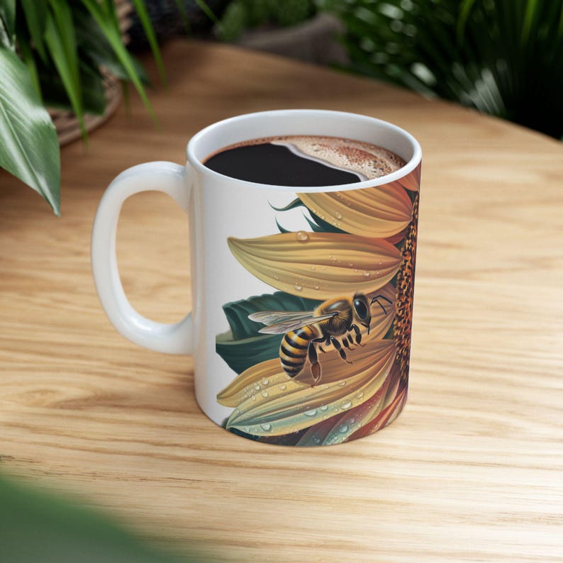 Bee Sunflower Mug, Honeybee Coffee Cup, Gardening Tea Mug, Floral Drinkware, Nature Lover Gift ...