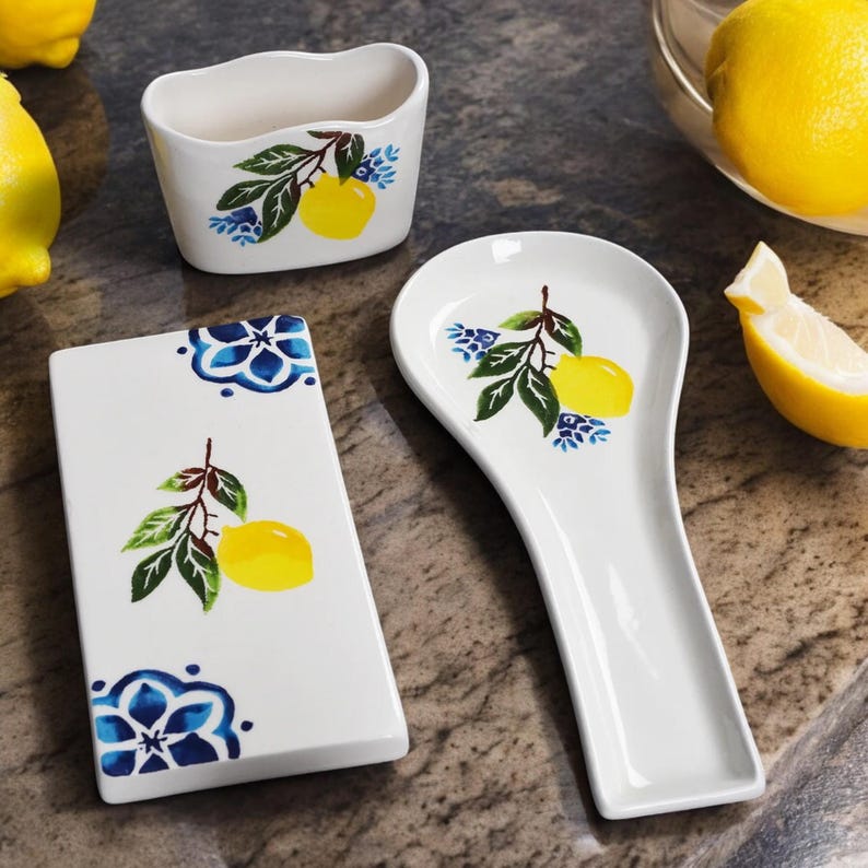 Handmade Ceramic Kitchen Set: Evil Eye Spoon Rest, Sponge Holder, Oil ...