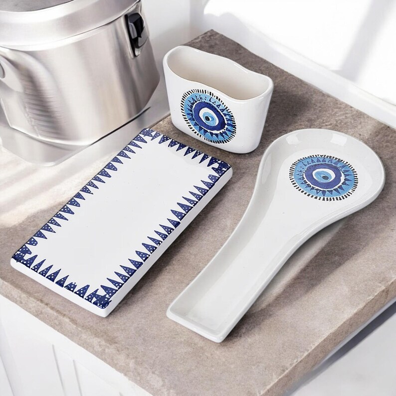 Handmade Ceramic Kitchen Set: Evil Eye Spoon Rest, Sponge Holder, Oil ...