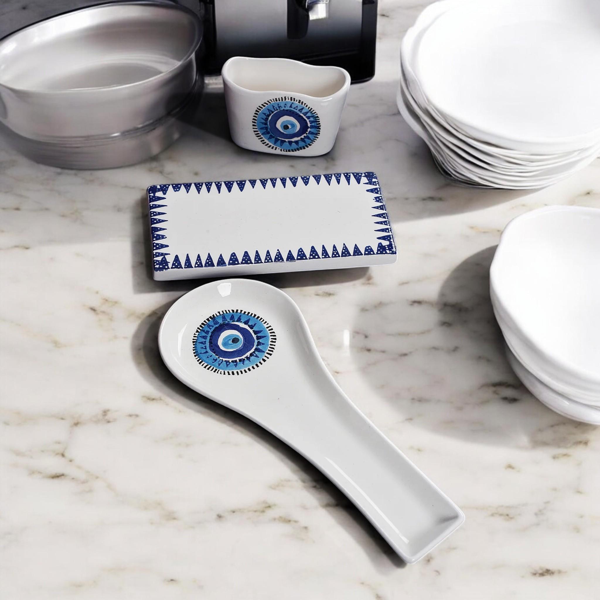 Handmade Ceramic Kitchen Set: Evil Eye Spoon Rest, Sponge Holder, Oil ...