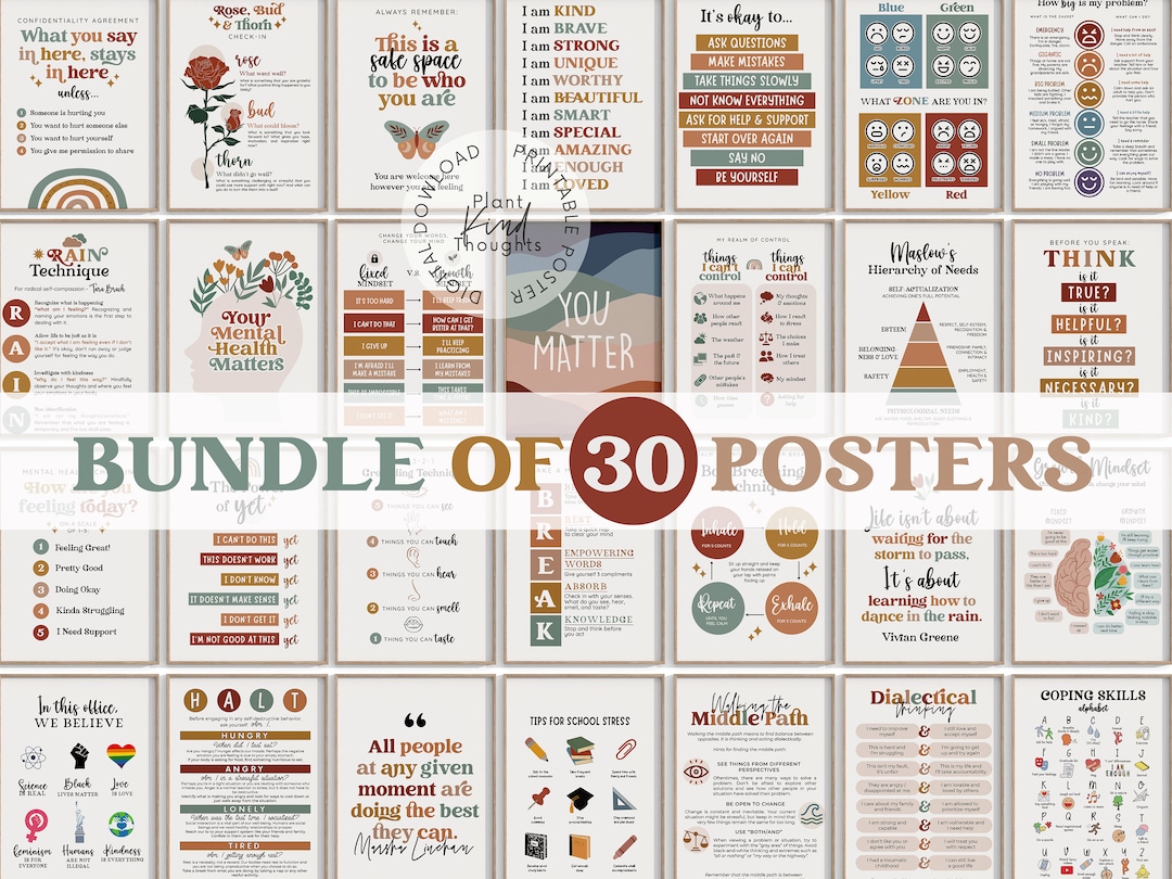 30 RAINBOW BOHO Counseling Posters Bundle School Counselor Office Decor ...