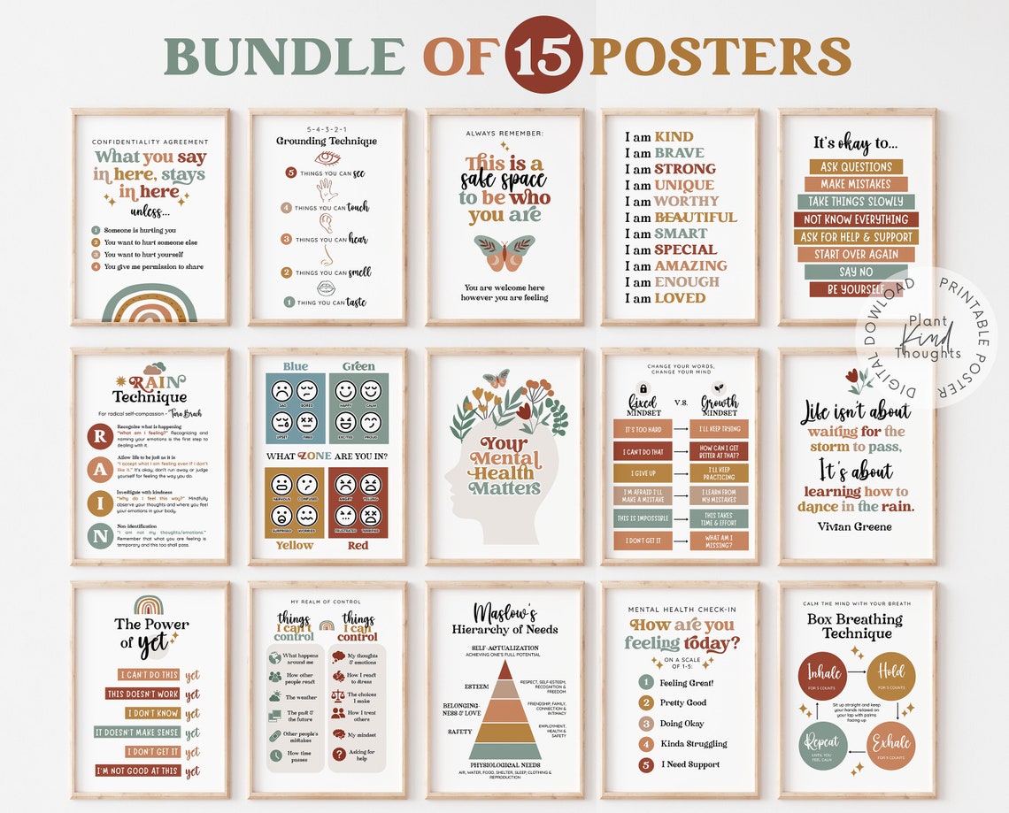 15 RAINBOW BOHO Counseling Posters Bundle School Counselor Office Decor ...