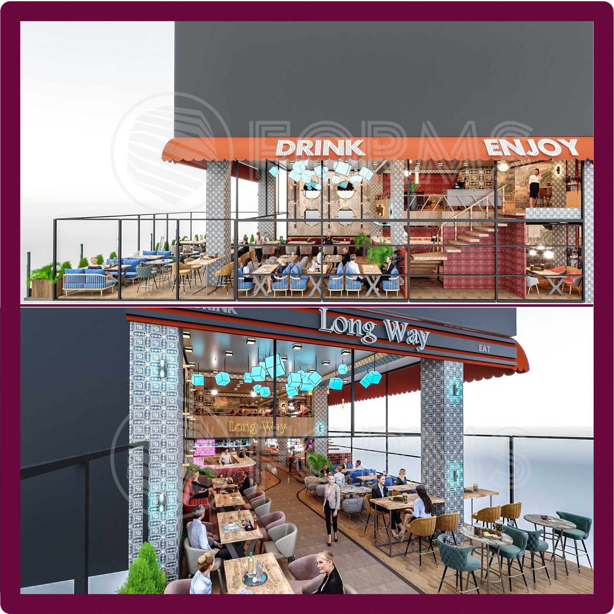 2 Story Cafe Restaurant Architectural Project Plans, Modern Cafe Restaurant Blueprints, Detailed ...