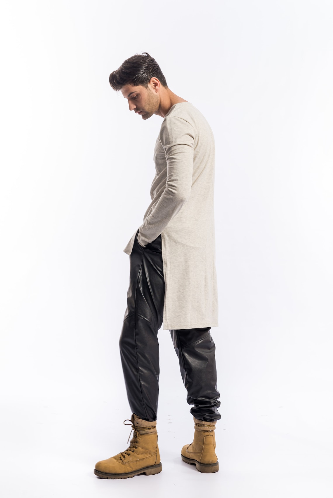 Men's Longline T-shirt / Side Slit T-shirt With Thumbholes / Gray ...