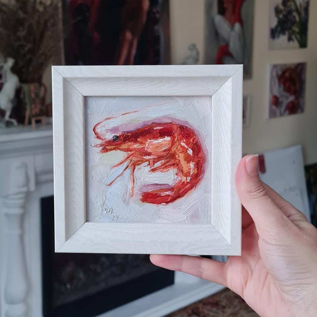 Shrimp Oil Painting Prawn Original Wall Art in Frame Seafood Painting ...