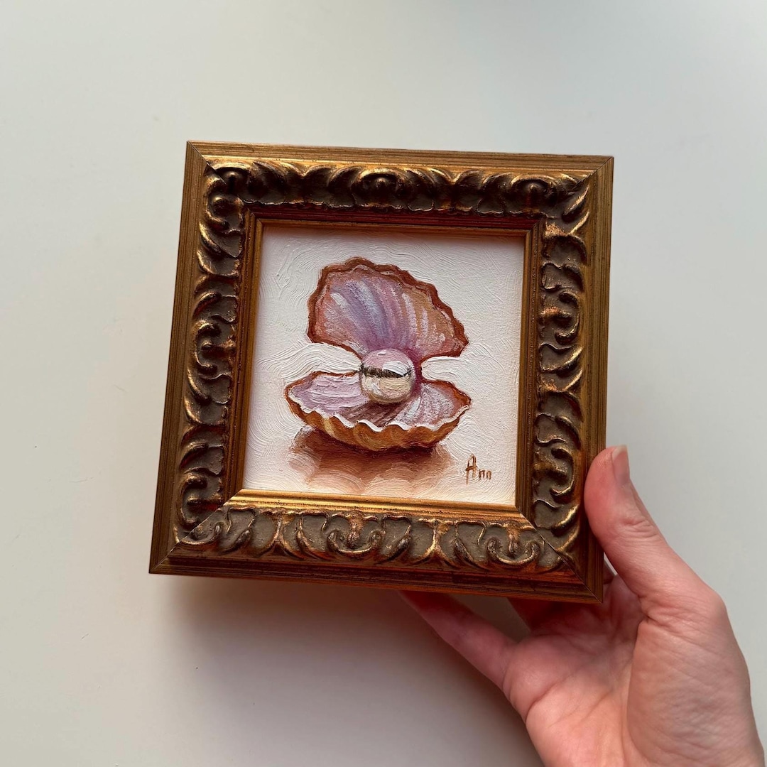 Pearl Art Seashell Painting Gold Vintage Frame 6x6 Cottagecore Oil ...