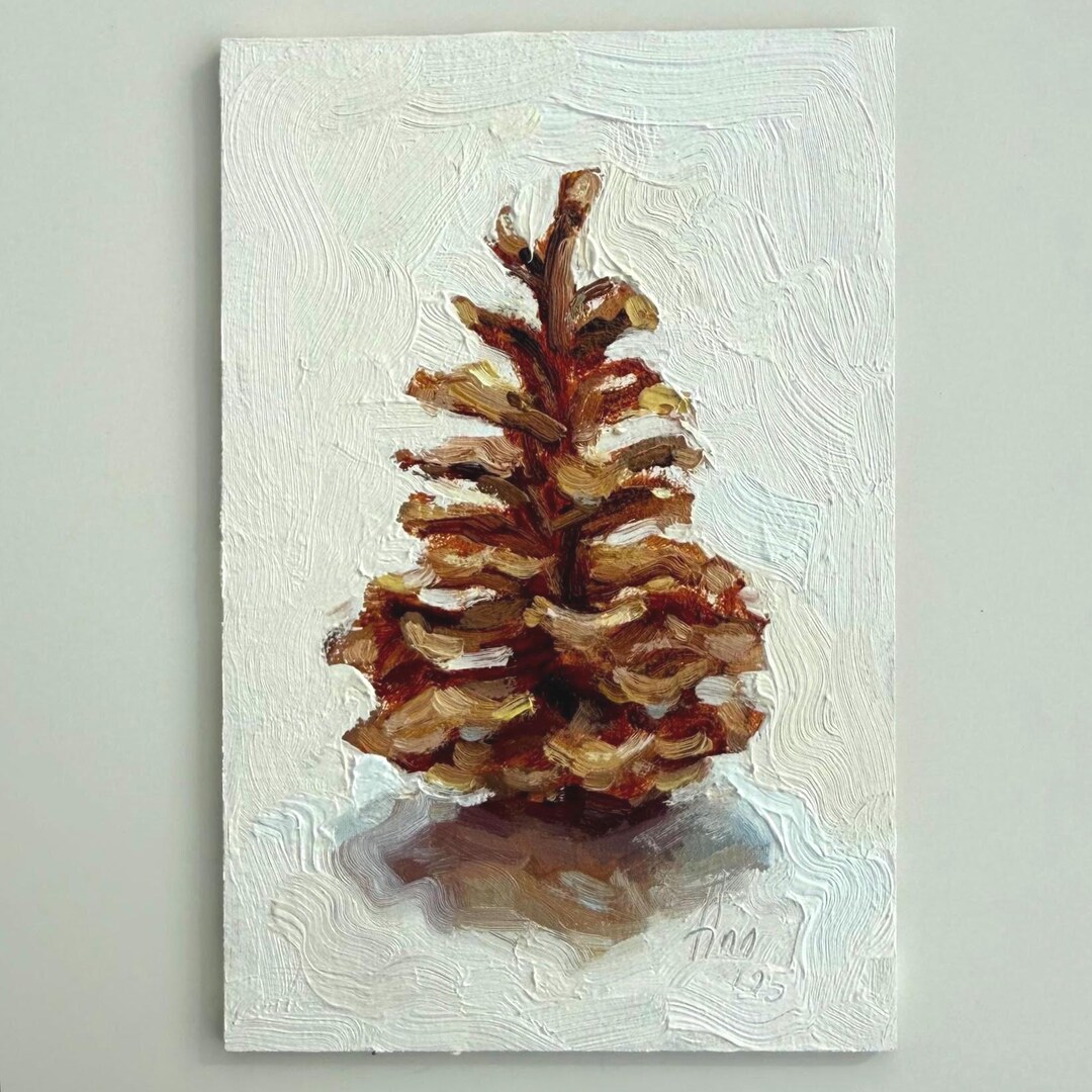 Hand Painted Pinecone Oil Painting Pine Cone Artwork Small Botanical ...