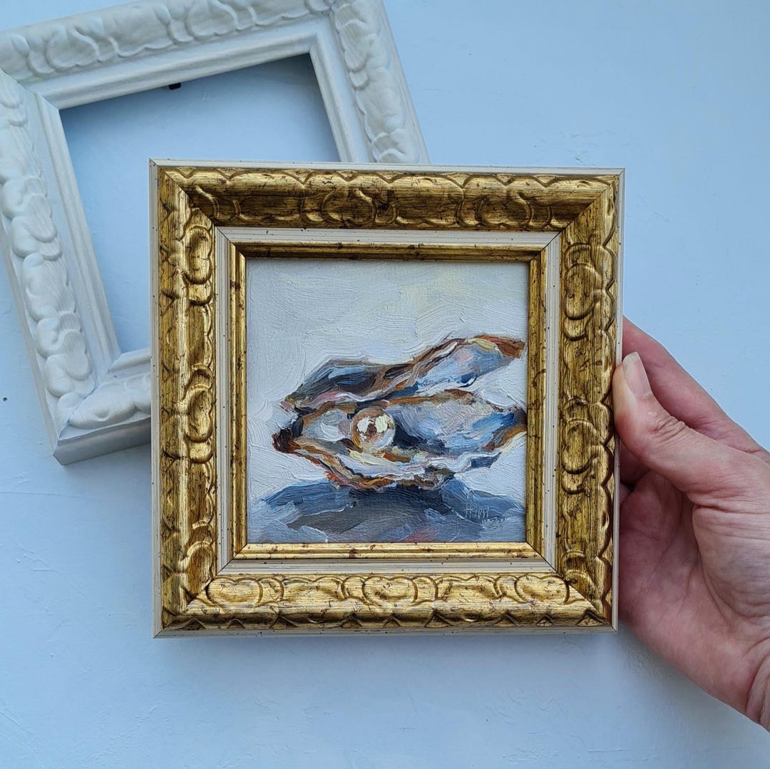 Oyster Pearl in Shell Painting Coastal Art 4x4 Framed Miniature ...