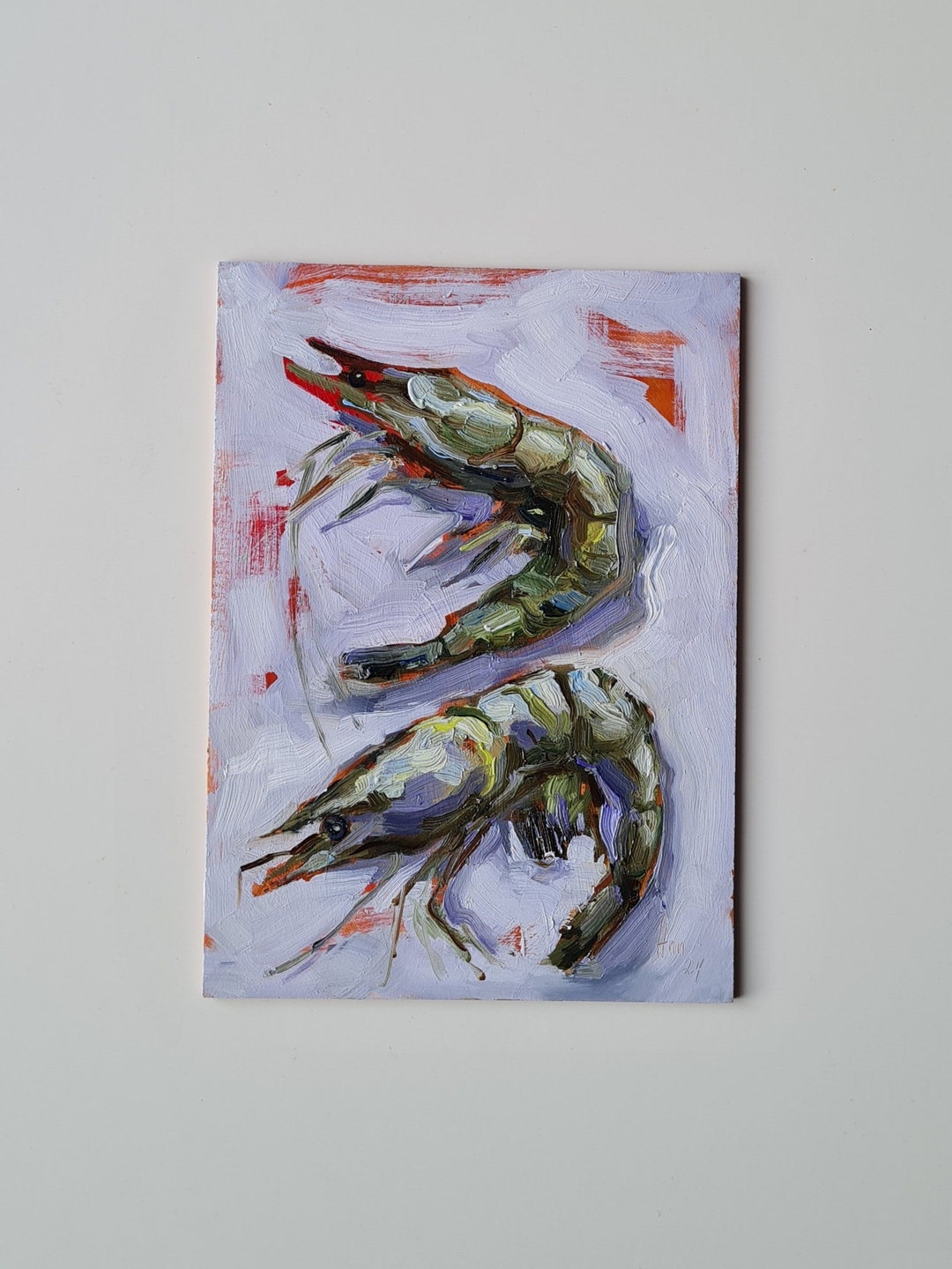 Shrimps Painting Small Original Oil Artwork Two Live Fresh Shrimp Art ...