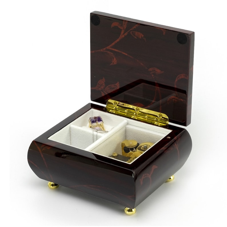 Burgundy Floral Music Jewelry Box: Beveled Top, Gold Hardware - Etsy