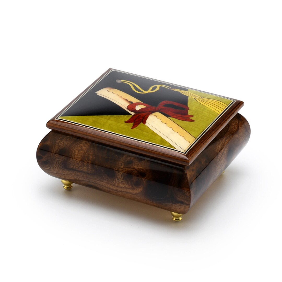 Incredible 18 Note Graduation Cap With Diploma Wood Inlay Music Box ...