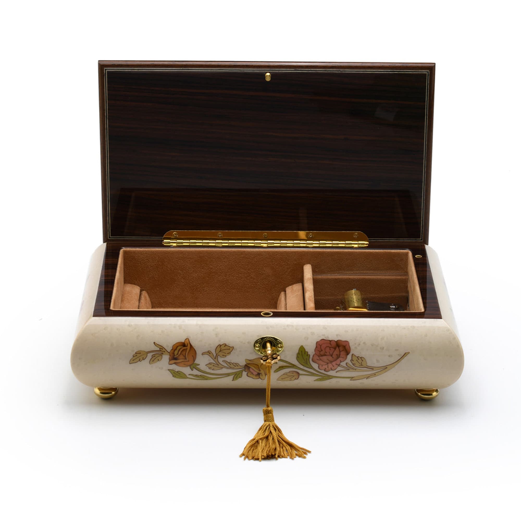 Handcrafted Bianco 18 Note White Music Box With Rose Inlay and Lock ...