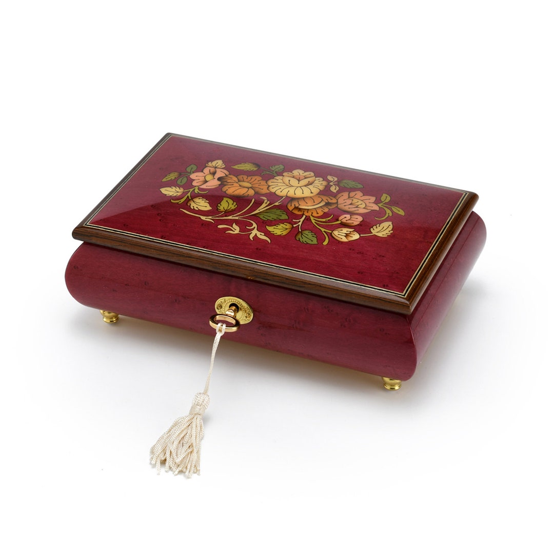 Floral Inlay Musical Jewelry Box: Red-wine Burl-elm, Lock & Key - Etsy