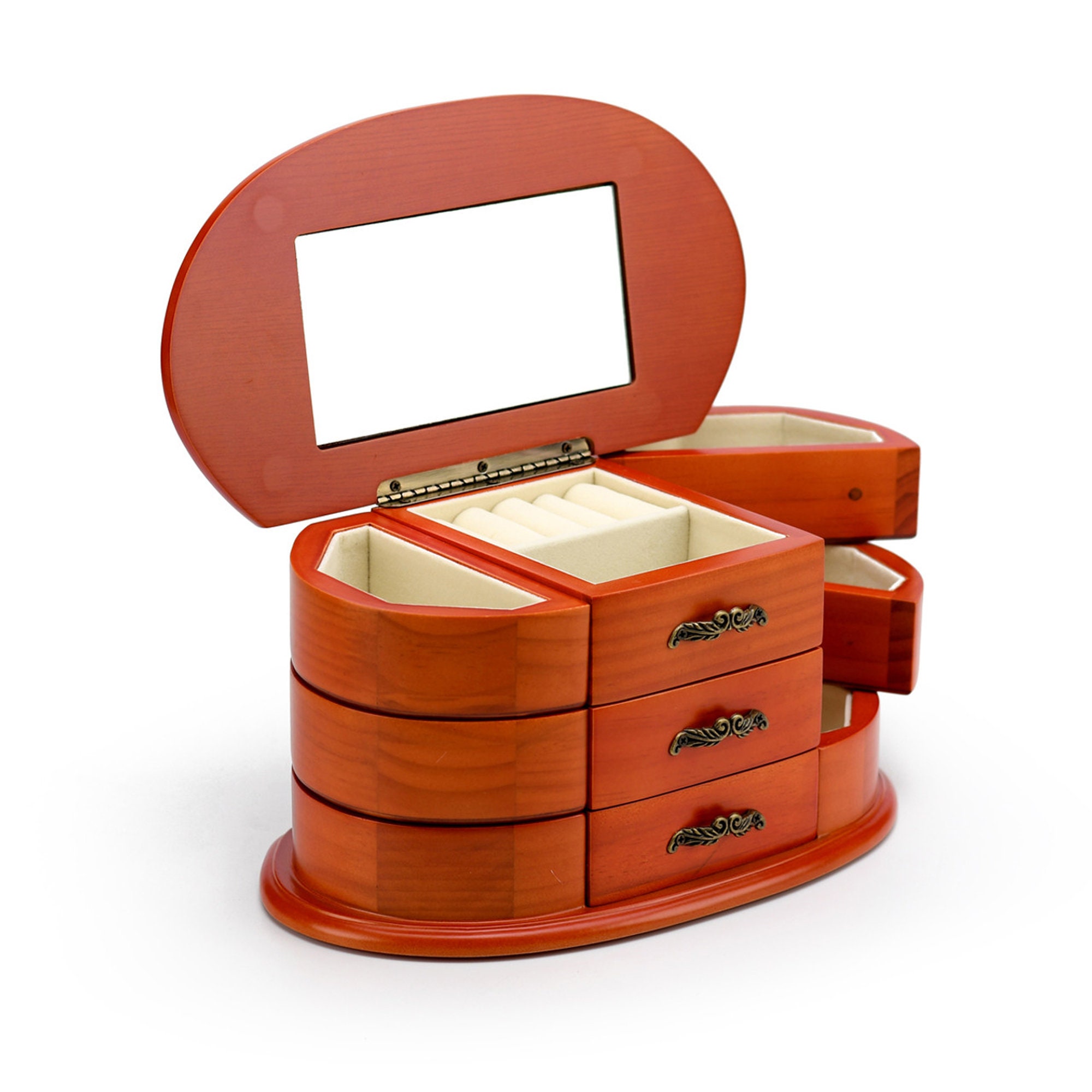 Traditional Wood Tone 18 Note Jewelry Box With Swivel Drawers Many ...