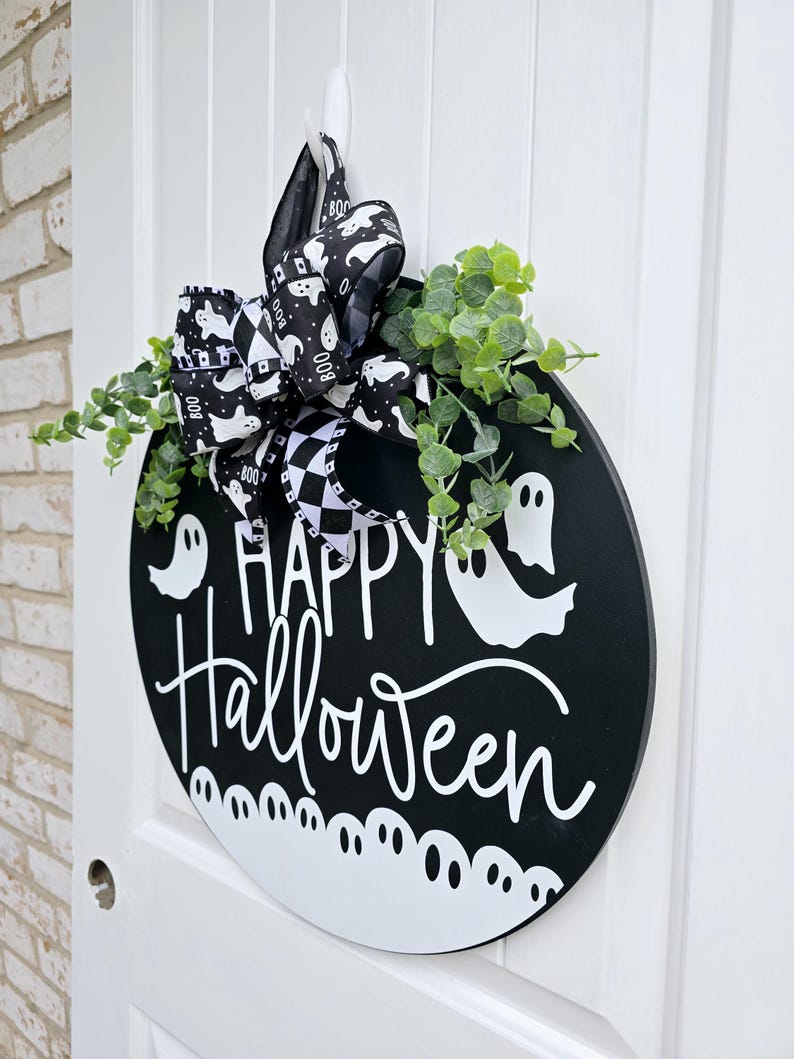 Halloween Ghost Door Hanger, Wooden Sign With Bow & Greenery, Spooky ...