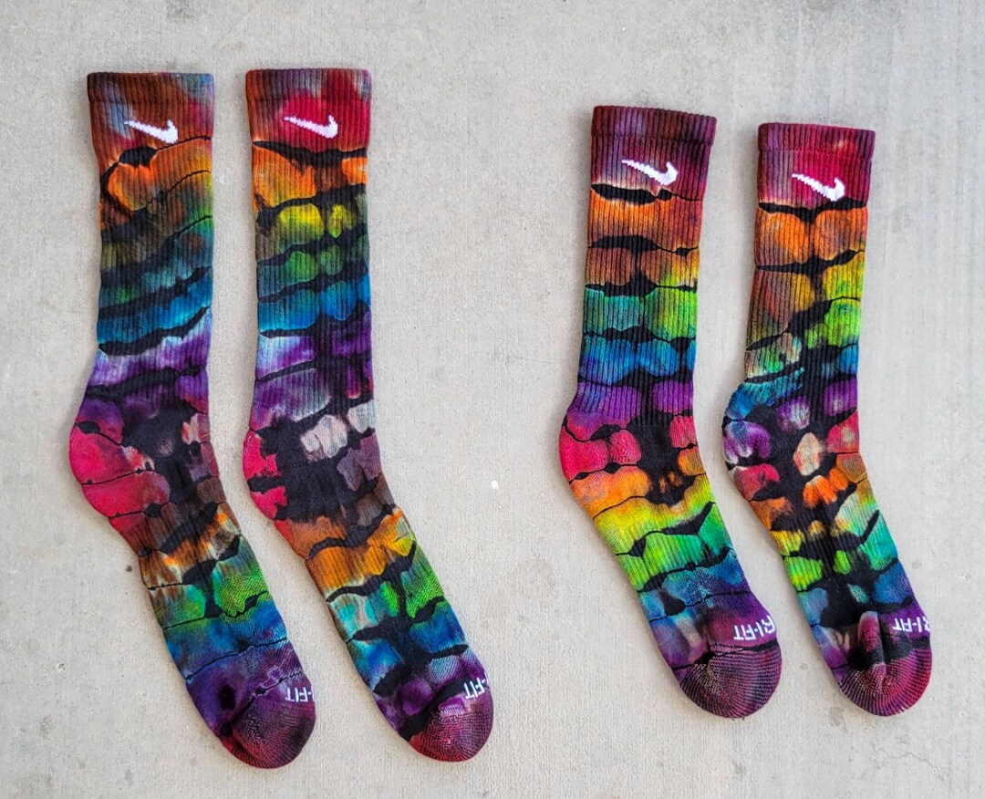 Tie Dye Socks, Geode Style, Dark Rainbow, Reverse Dyed/ice Dyed, Crew ...
