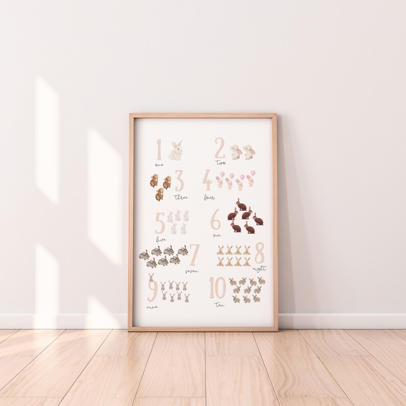 Numbers Bunny Print for Nursery, Printable Numbers Nursery Art, Pink ...